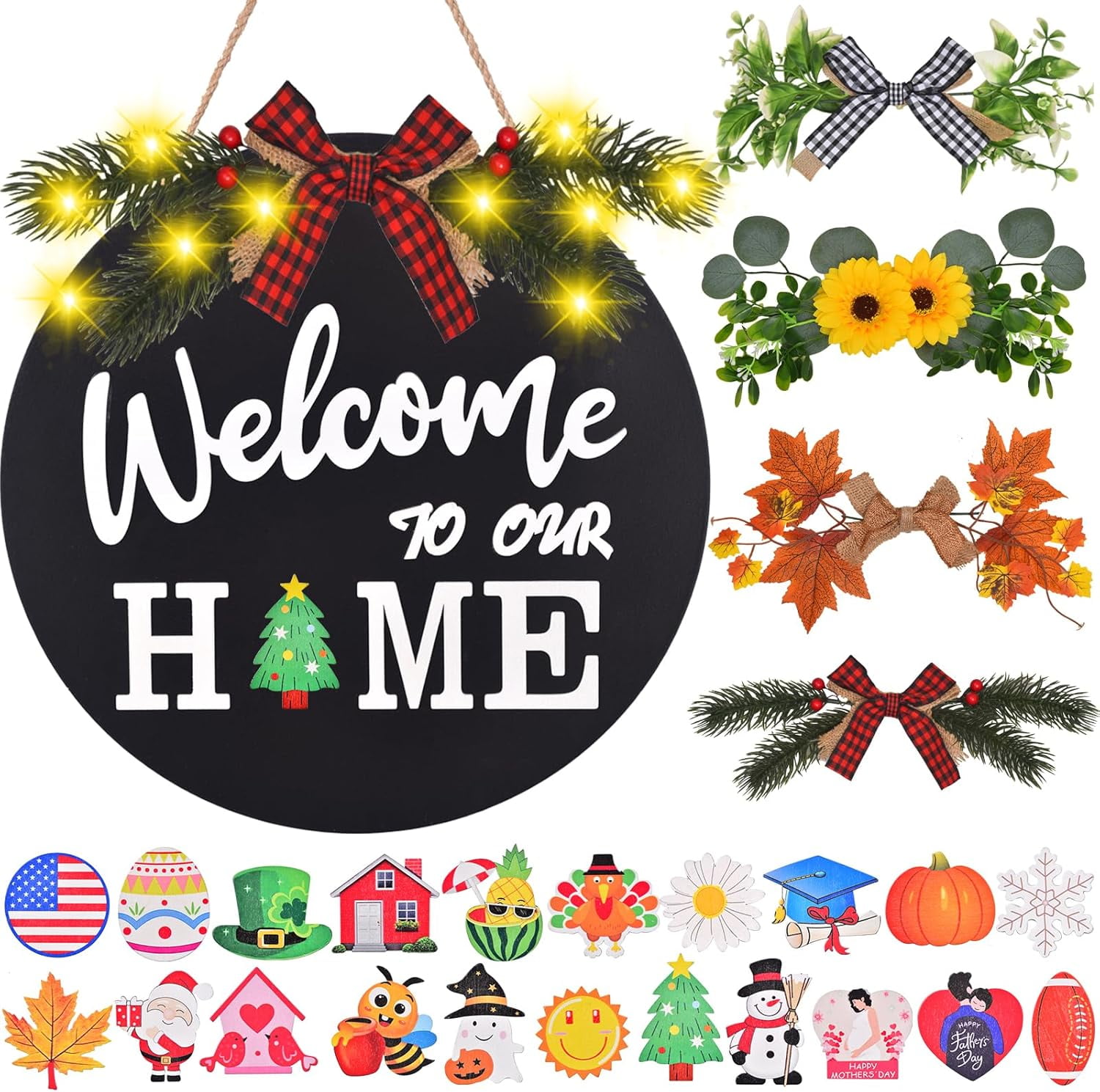 Fuliko Interchangeable Sign, Door Decor With 4 Seasonal Wreaths and 21 ...