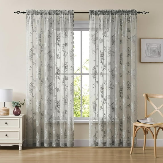 Fuliko Lace Curtains 96 Inches Long 2 Panels Grey Sheer Floral Curtains ...