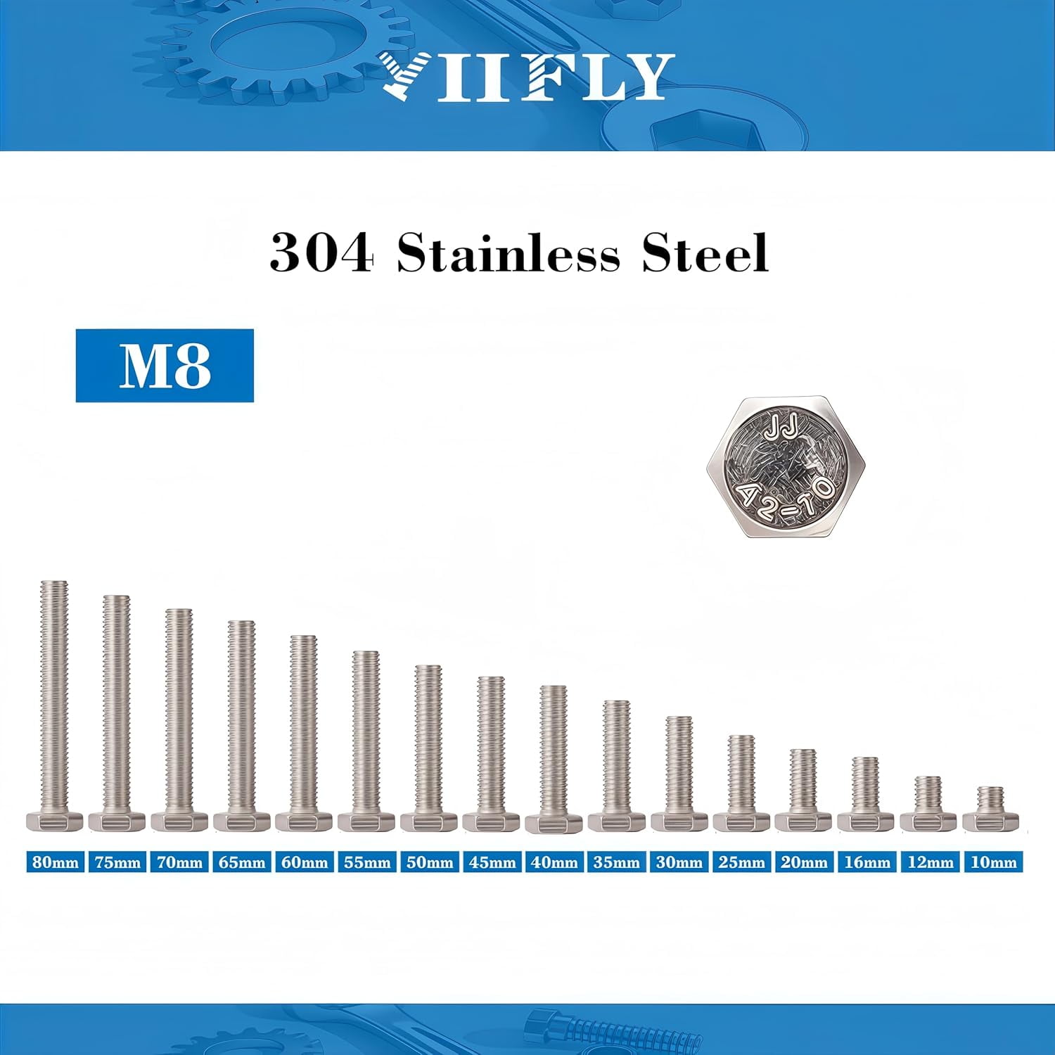 Fuliko M8 x 80mm Hex Screw Bolt, M8x1.25 Thread, 304 Steel(A2-70), Bright , Fully Threaded ...