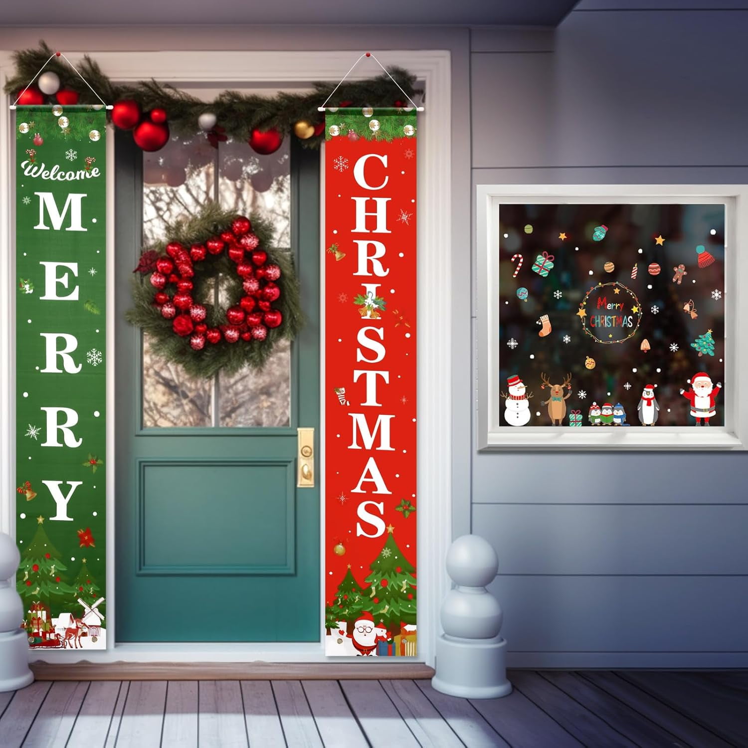 Fuliko Merry Christmas Banner Sign with Window Stickers, Christmas ...
