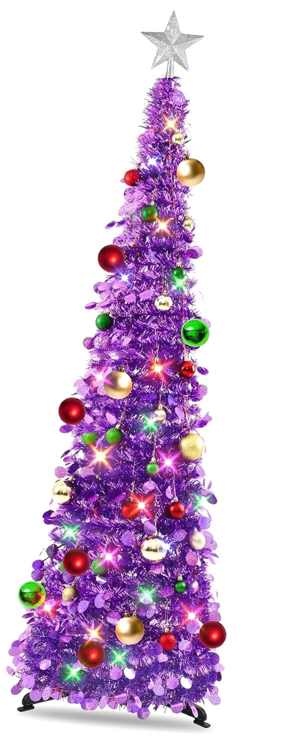Fuliko NIETING Christmas Tree with Lights 30 Balls, Collapsible Tinsel Xmas Tree Decorations ...