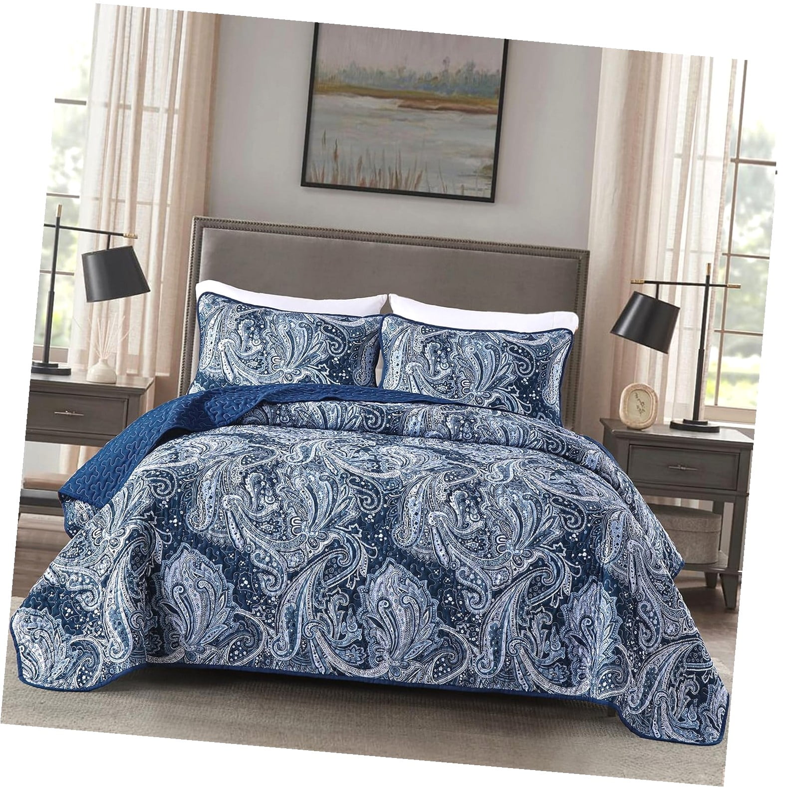 Fuliko Navy Quilt Set Full Size Bedspread Coverlet Set 3 Pieces, Soft ...