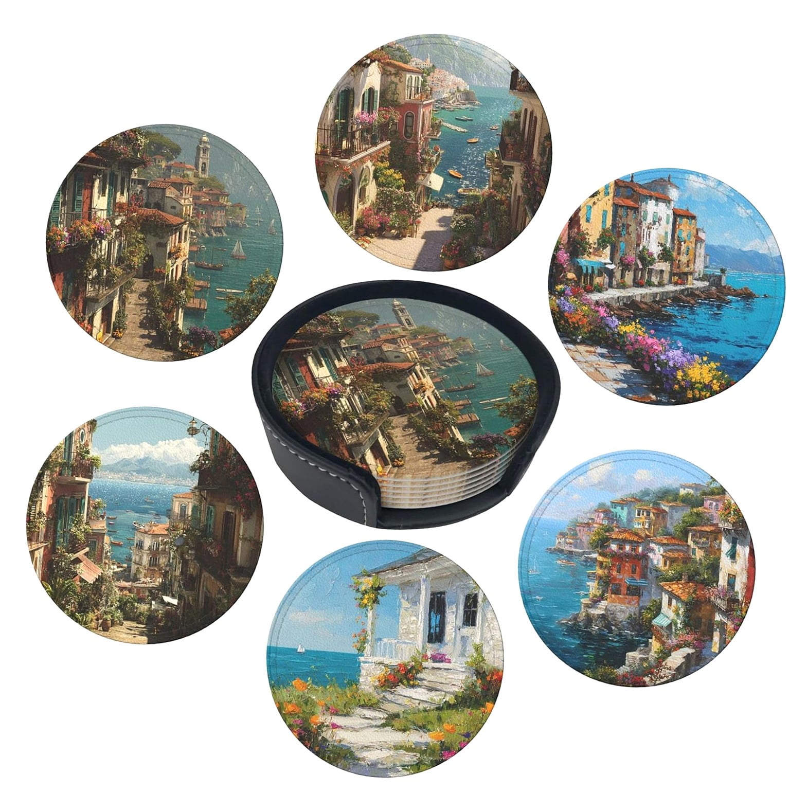 Fuliko Ocean City Coasters Round Drink Coasters 6 Pcs Set with Holder ...