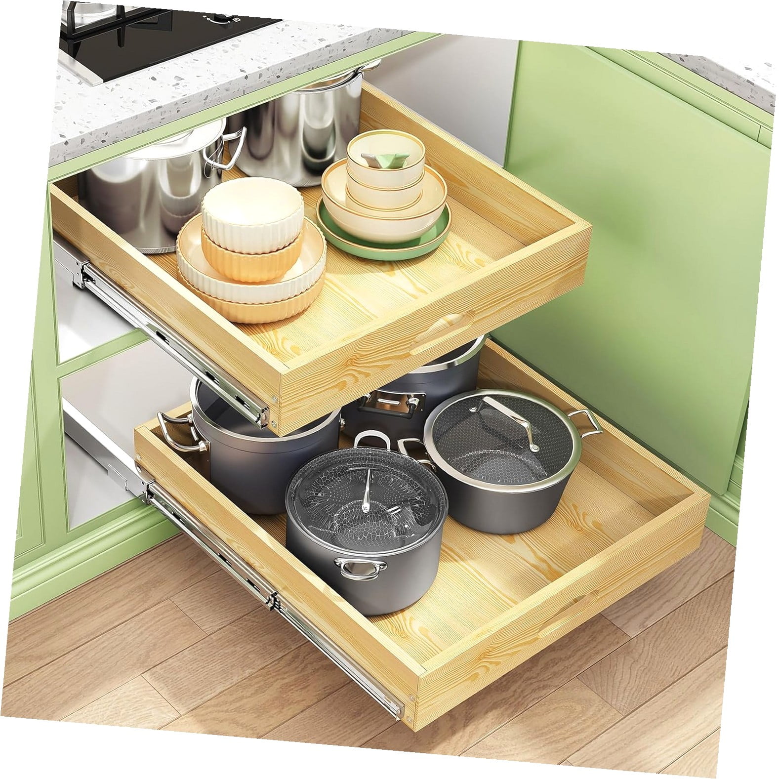 Fuliko Pull Out Cabinet Organizer, Soft Close Wooden Slide Out Drawers for Pots and Pans, Full ...