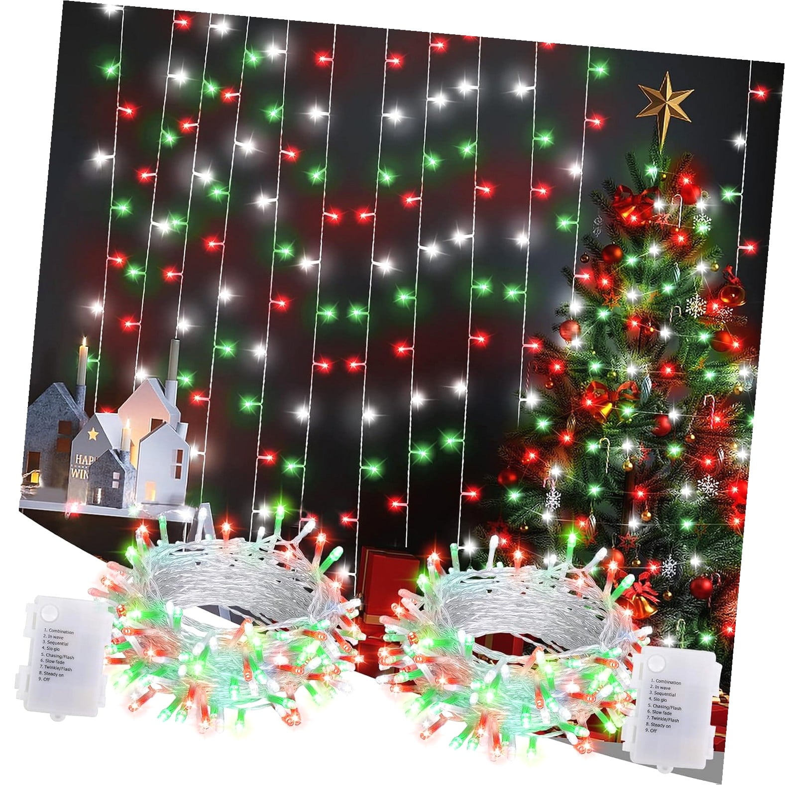 Fuliko Red and White Christmas String Light Set, 2 Packs of 100 String ...