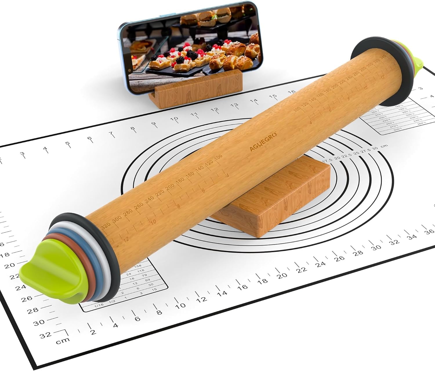Fuliko Rolling Pin with Thickness and Pastry Baking Mat Dough Thickness for Baking, Fondant ...