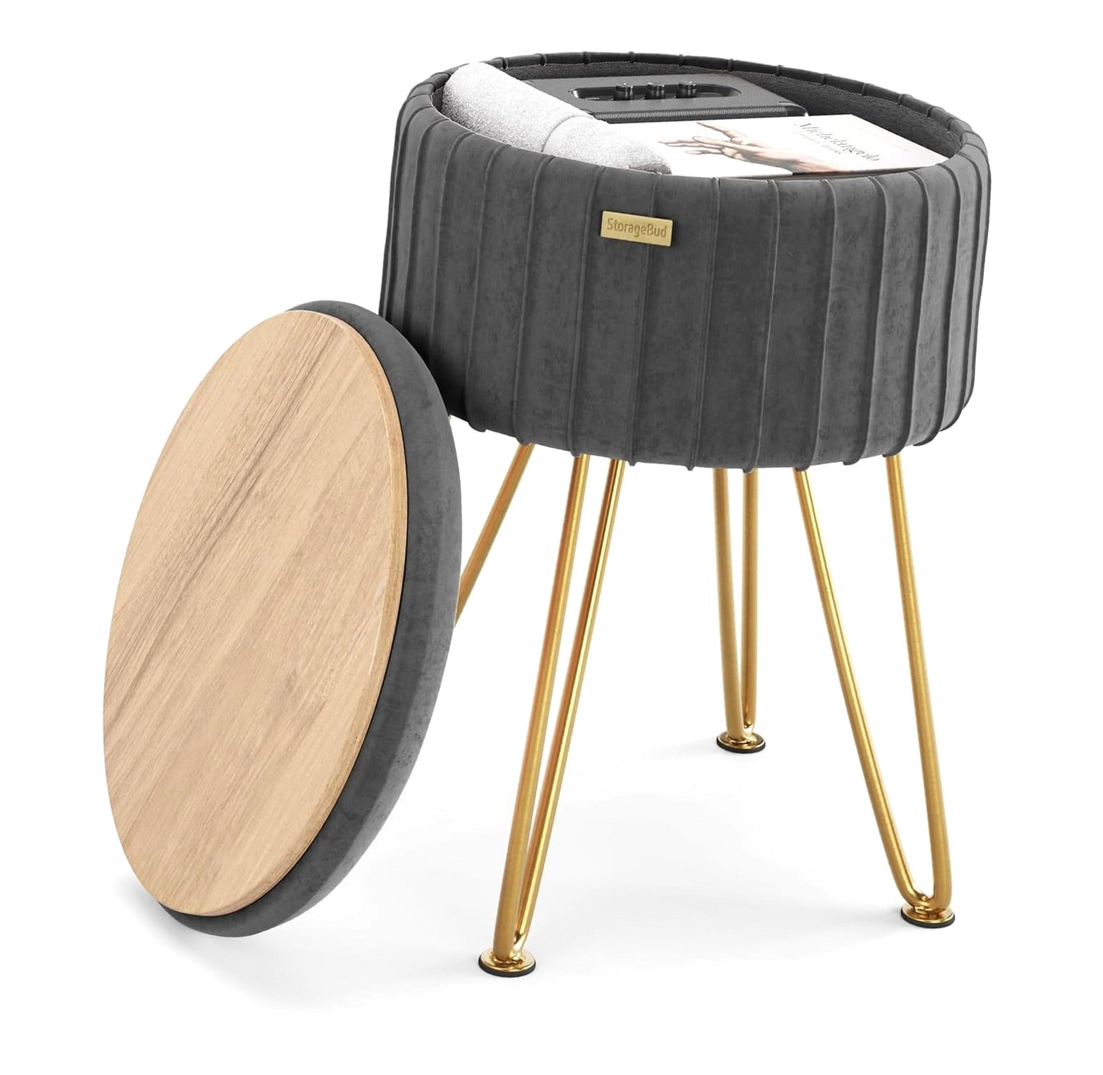 Fuliko Round Ottoman with Storage, Pleated Velvet , Foot Stool Ottomans ...