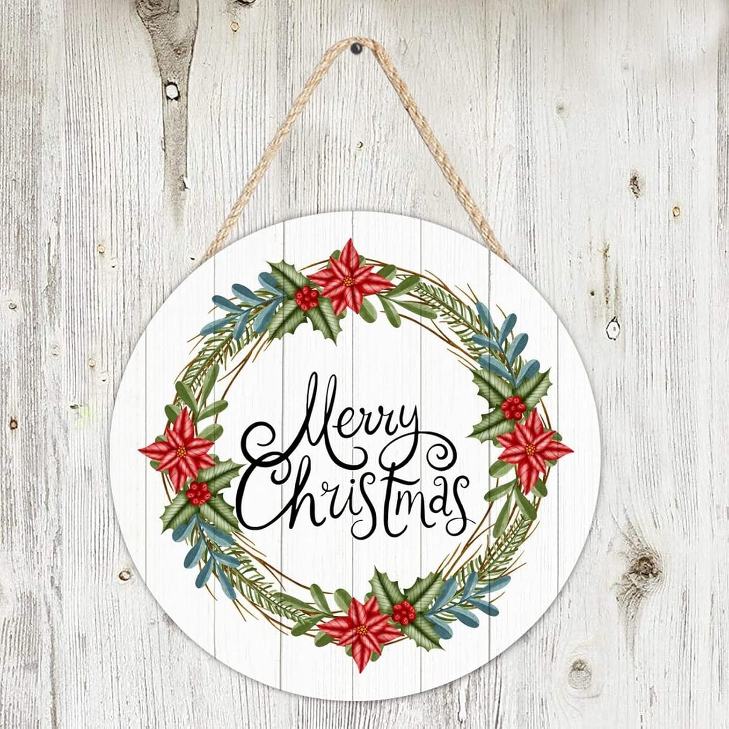 Fuliko Round Wooden Sign Plaque Christmas Garland Mistletoe Wreath ...