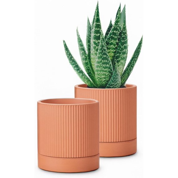 Fuliko Small Pots, 4.2 Inch Ribbed Textured Clay with Drainage Hole and ...