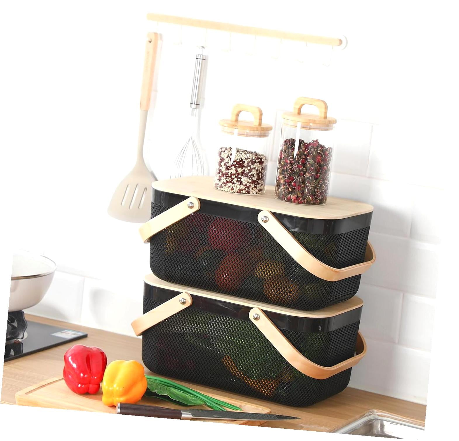 Fuliko Twin Plastic Mesh Baskets with Wooden Handles, Ideal for ...