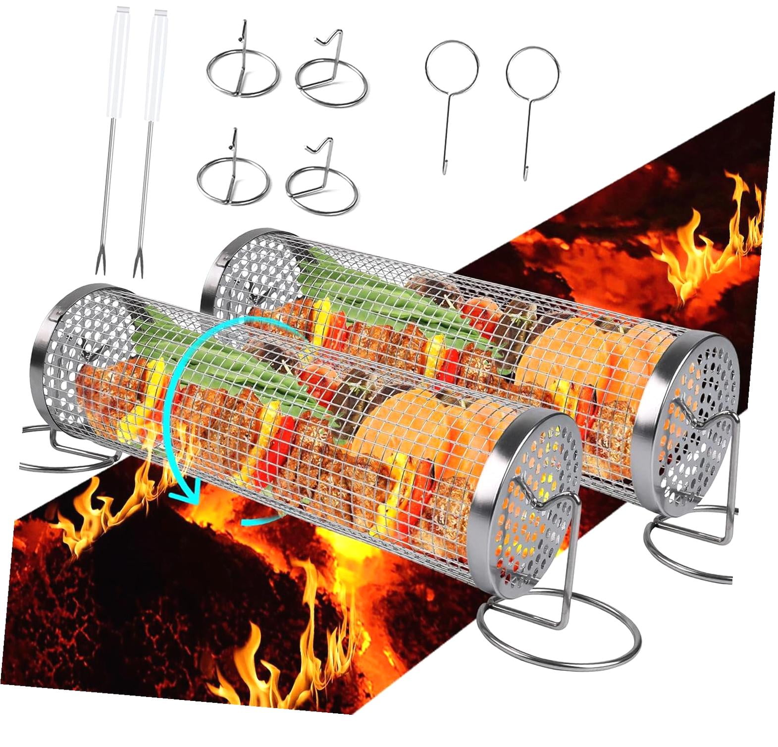 Fuliko Upgrade BBQ Grill Basket Set - 2PCS Steel Rotating Grilling ...