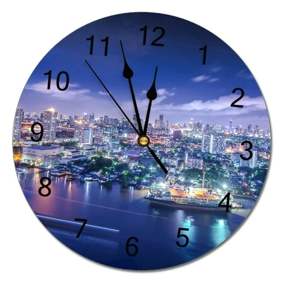 Fuliko Wall Clock Silent Non-Ticking Timepiece, Bangkok Cityscape Chao ...