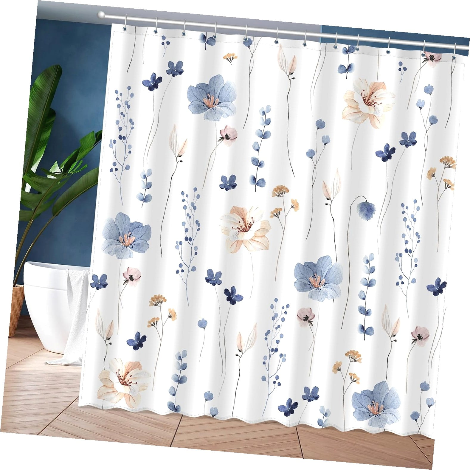 Fuliko Watercolor Floral Shower Curtain, Beige Blue Botanical Leaves ...