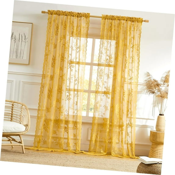 Fuliko Yellow Lace Curtains 96 Inches Long 2 Panels Country Sheer ...