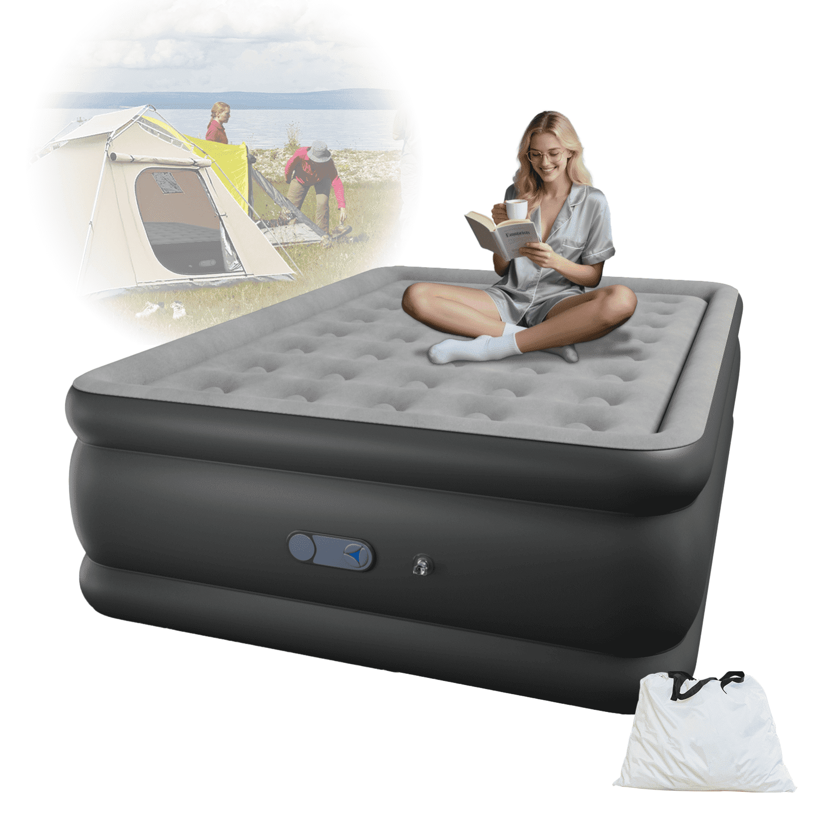 Full 22" Top Flocking Air Mattress with Built-in Pump Raised Comfort ...