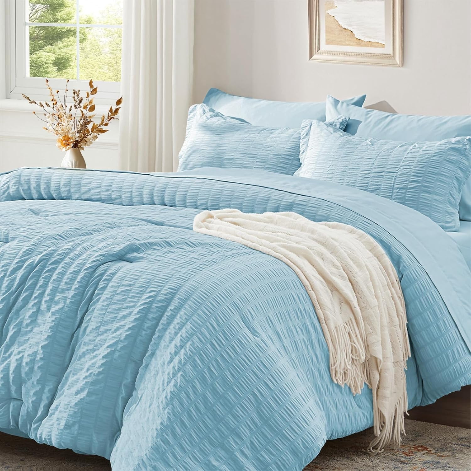 Full 7-Piece Seersucker Comforter Set - Light Blue All Season Bedding ...