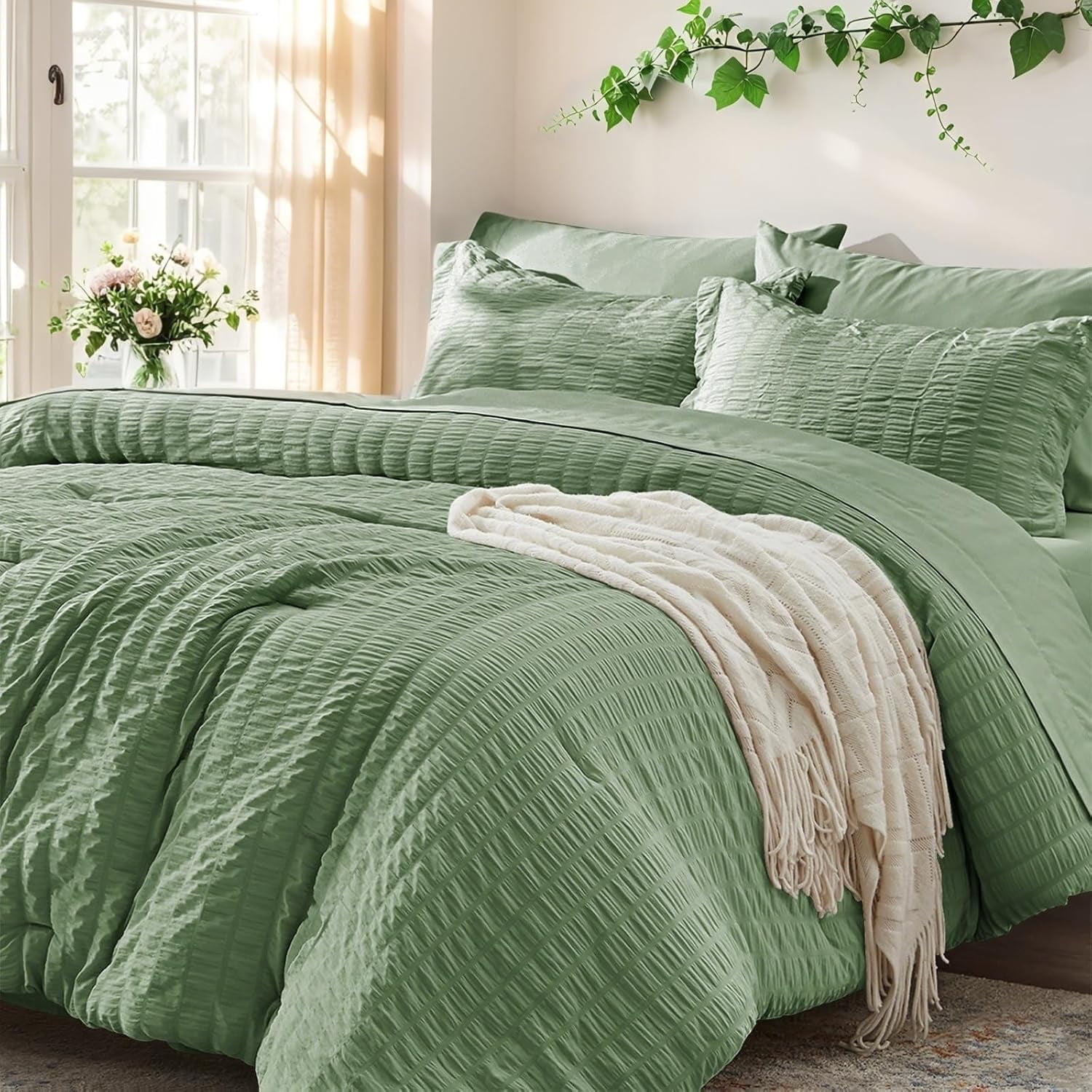 Full 7-Piece Seersucker Comforter Set - Sage Green All Season Bedding ...