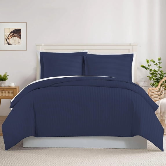 Full ( 80" x 90" ) (Navy Blue, Stripe) 5-Piece Duvet Cover Set 3-Sided ...