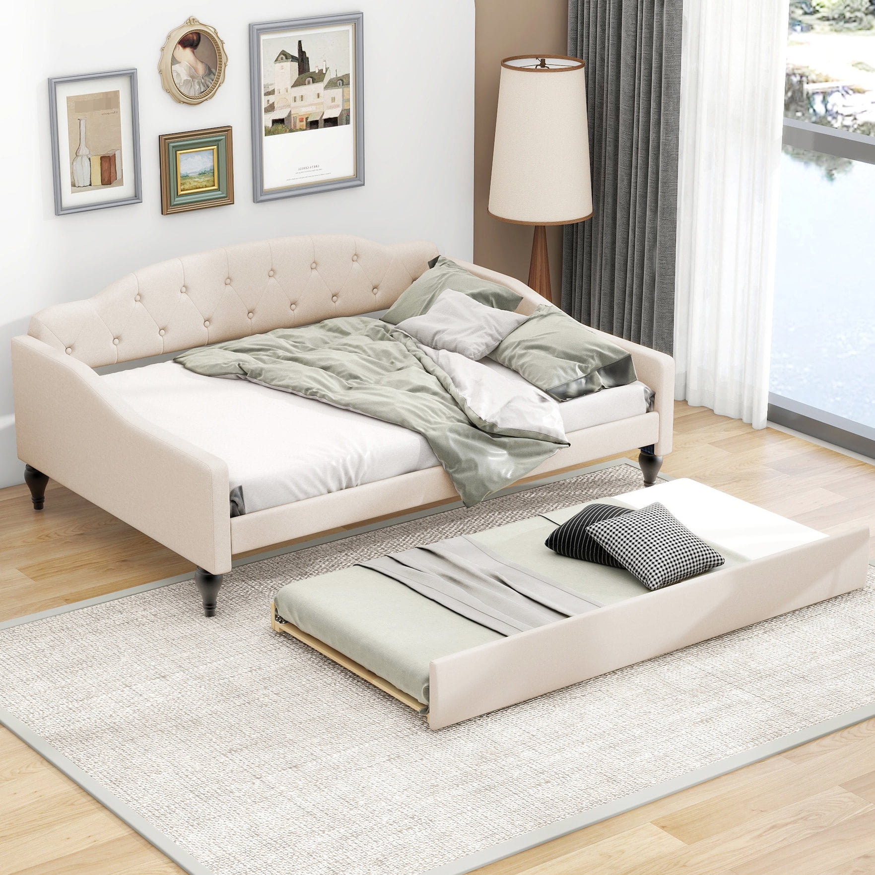 Full Bed, Beige Upholstered - Stable Frame and Trundle - Living Room ...