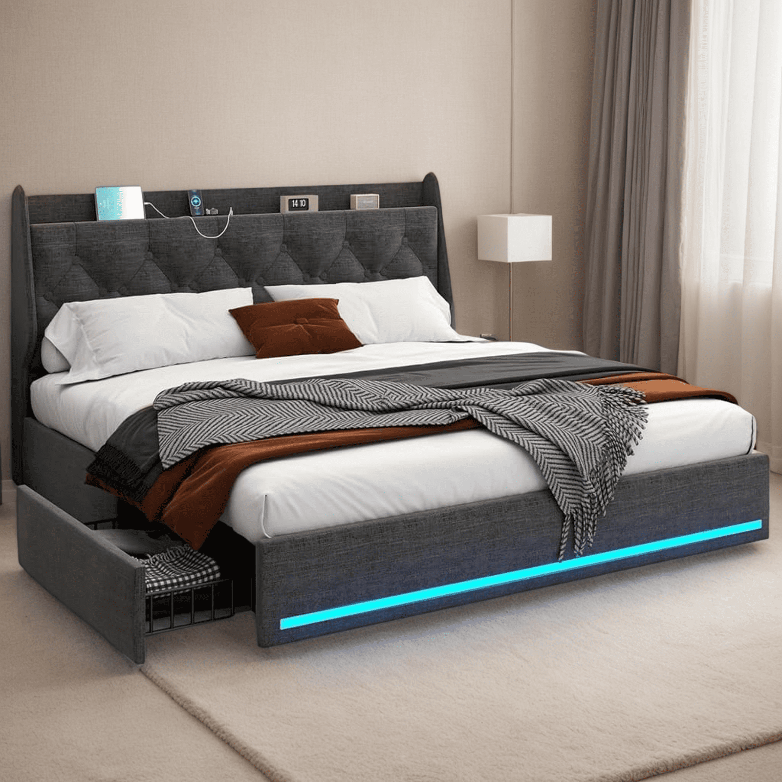 Full Bed Frame with 4 Storage Drawers and Charging Station,Grey Queen ...