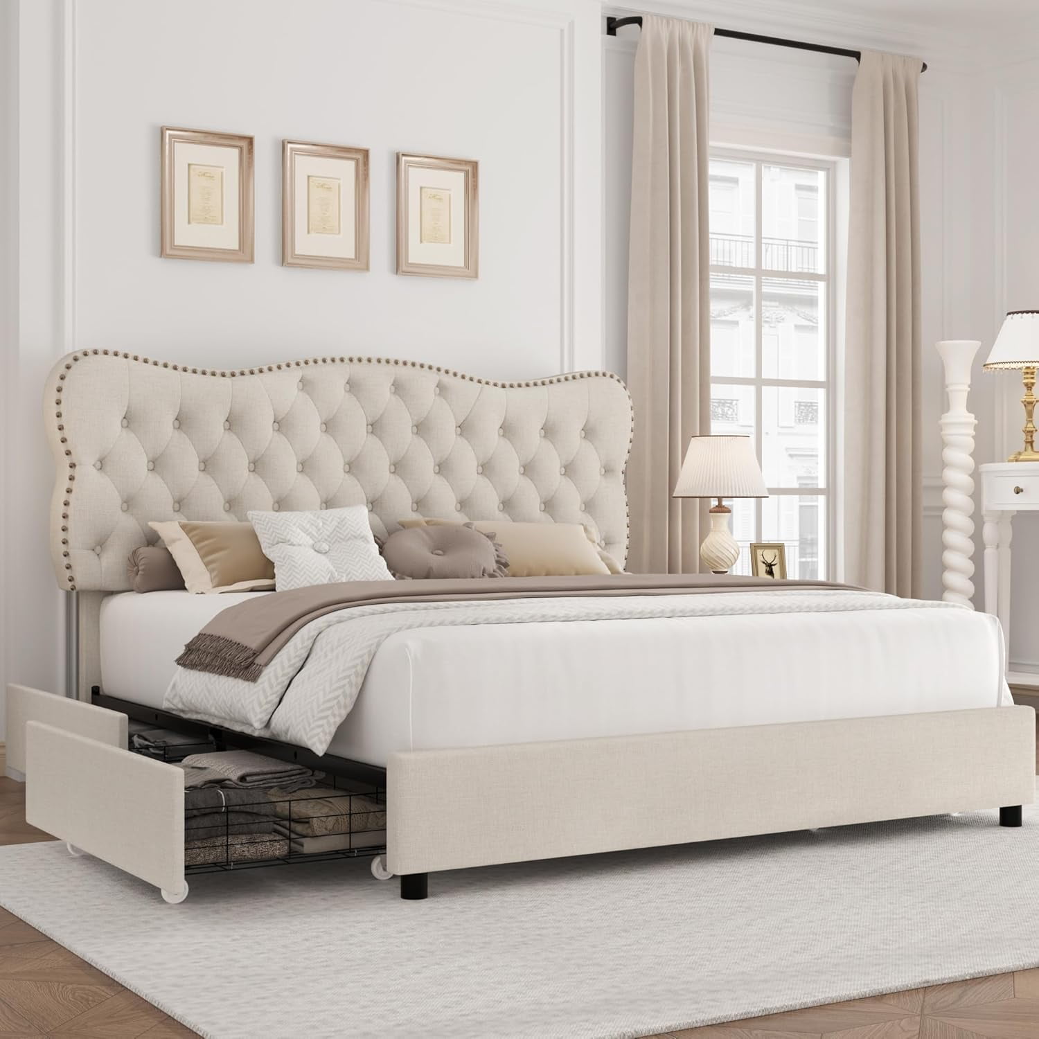 Full Bed Frame with 4 Storage Drawers Upholstered Platform Bed Frame ...