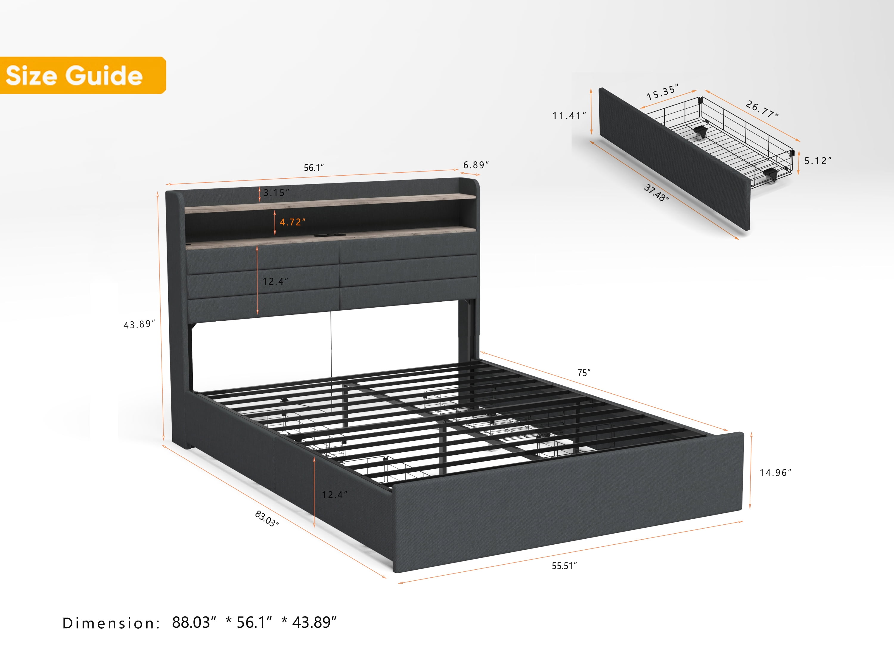 Full Bed Frame with 4 Storage Drawers, Upholstered Platform Full Size ...