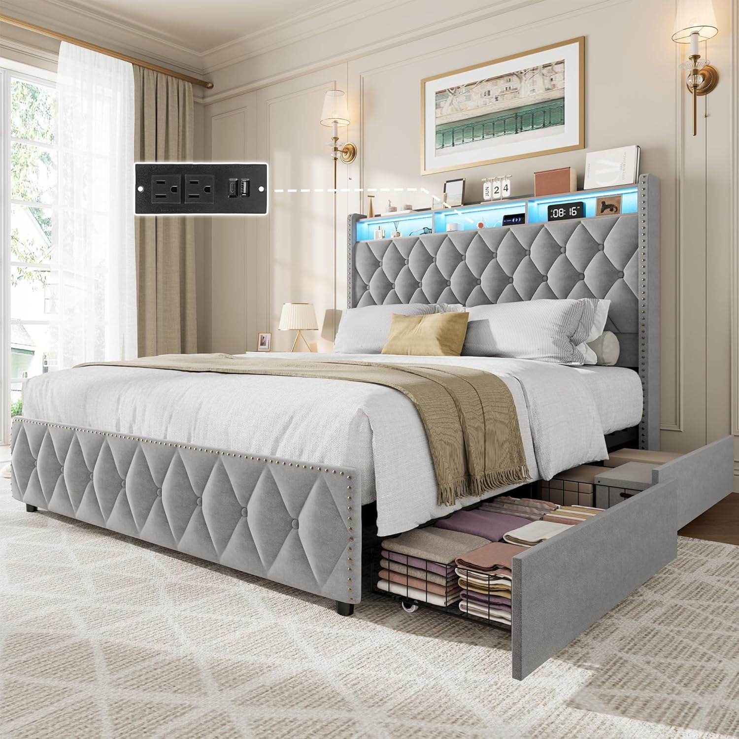 Full Bed Frame with 51inch Tall Headboard Platform Velvet Upholstered ...
