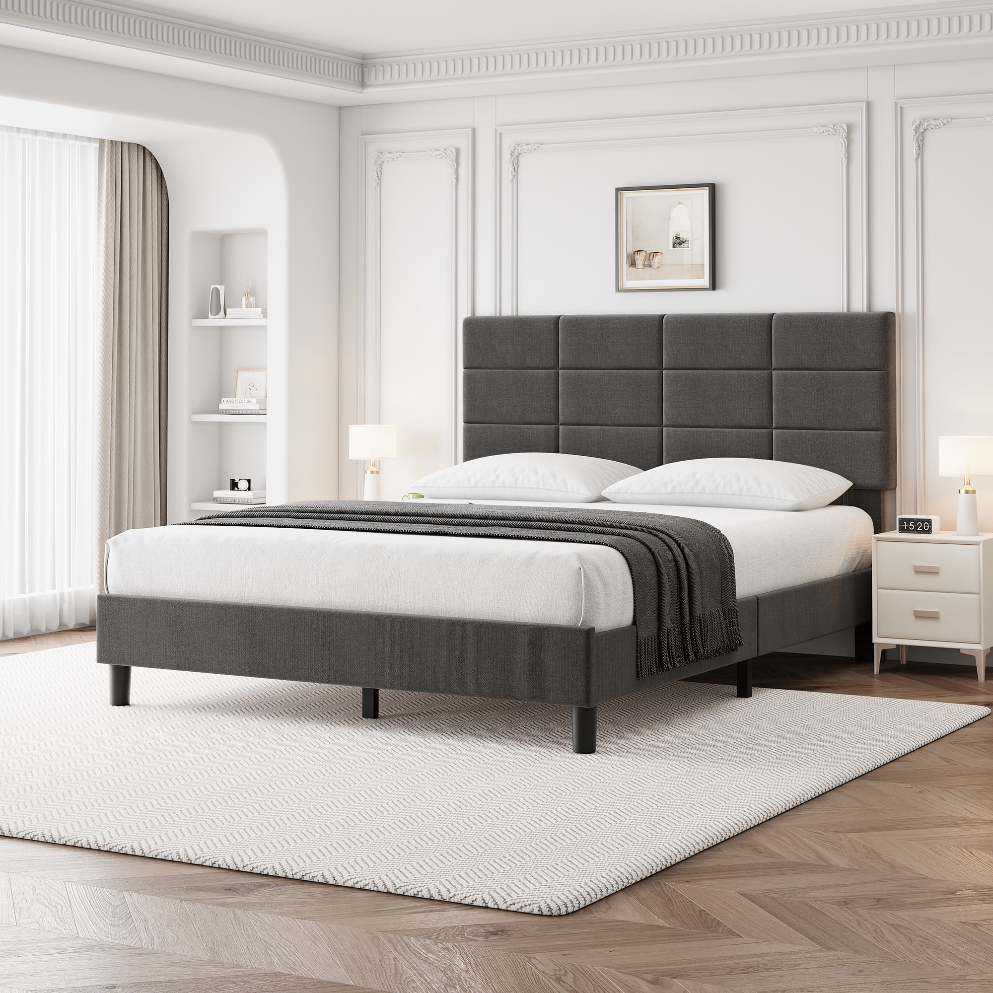 Full Bed Frame with Adjustable Headboard, Linen Upholstered Queen Size ...