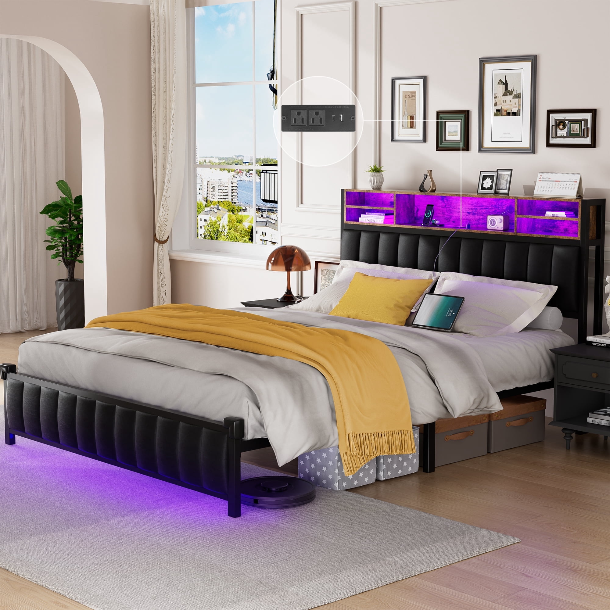 Full Bed Frame with Charging Station and LED Light, Upholstered ...