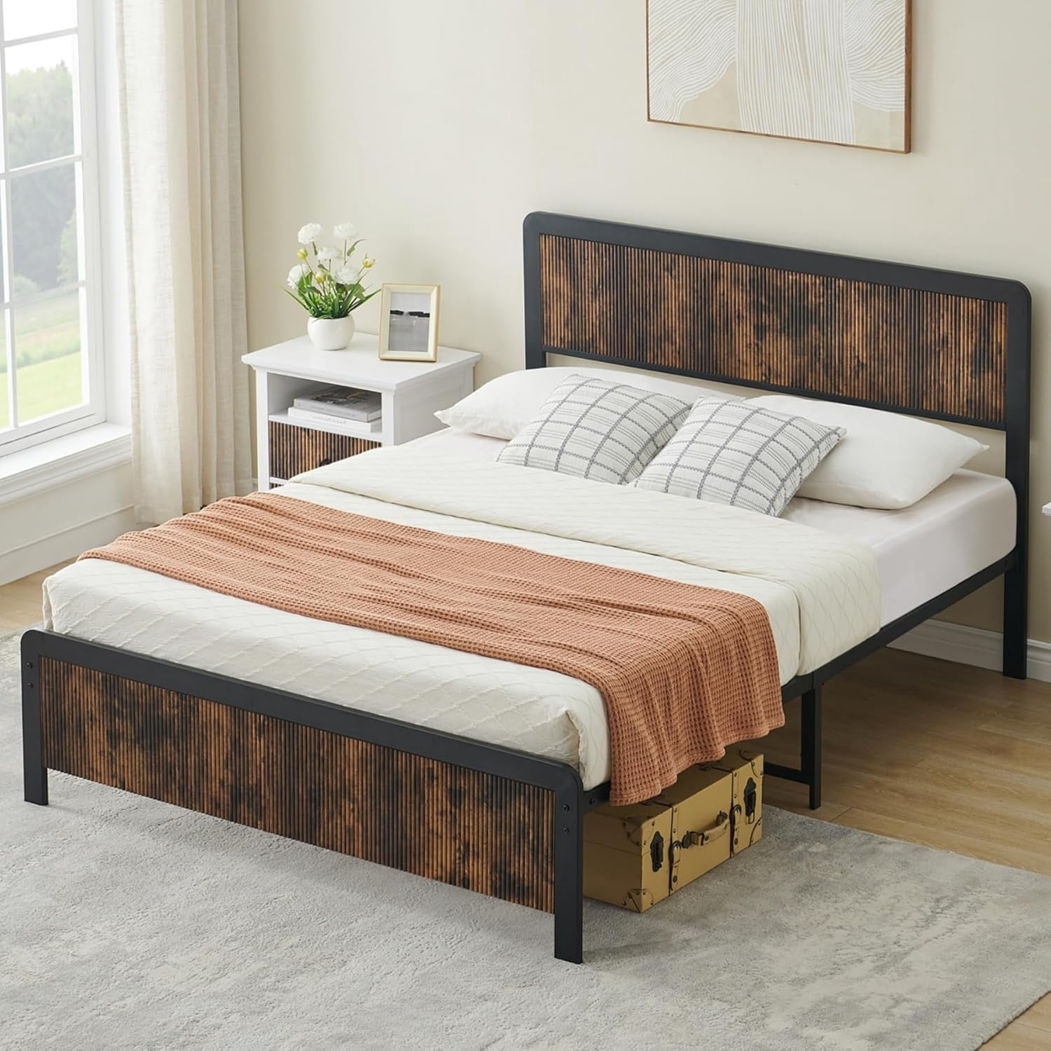 Full Bed Frame, Curved Wood Headboard and Footboard, Metal Slat Support ...