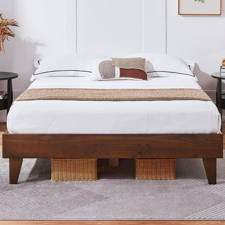Full Bed Frame Deluxe Natural Solid Pine Wood Platform Bed Reserved Holes for DIY Headboard Wooden Slats Support 7.5 inch Clearance Space No Noise