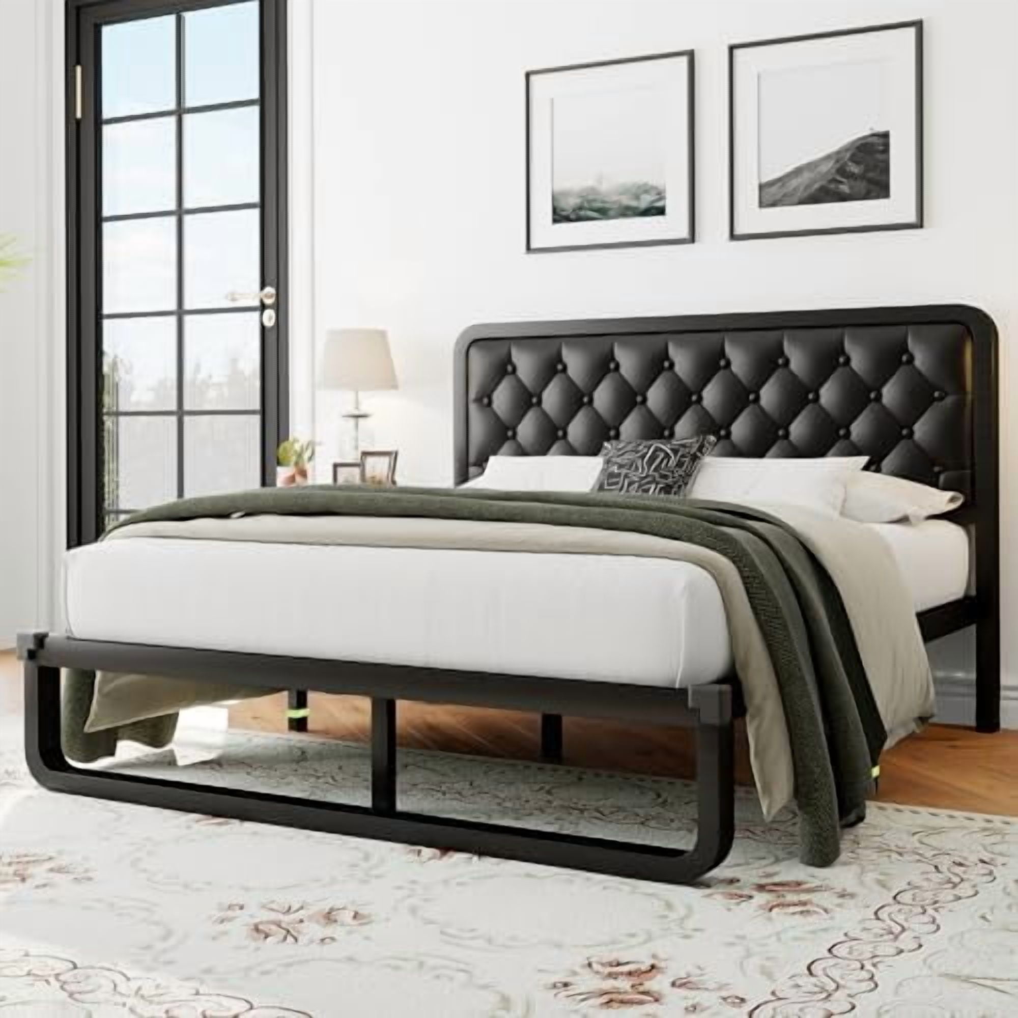 Full Bed Frame with Faux Leather Headboard, Upholstered Platform Bed ...