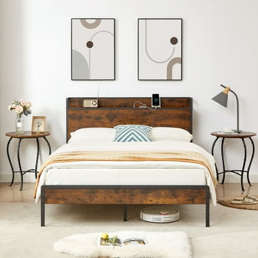 Twin Size Bed Frame, Rustic Vintage Metal Platform Bed with Wood ...