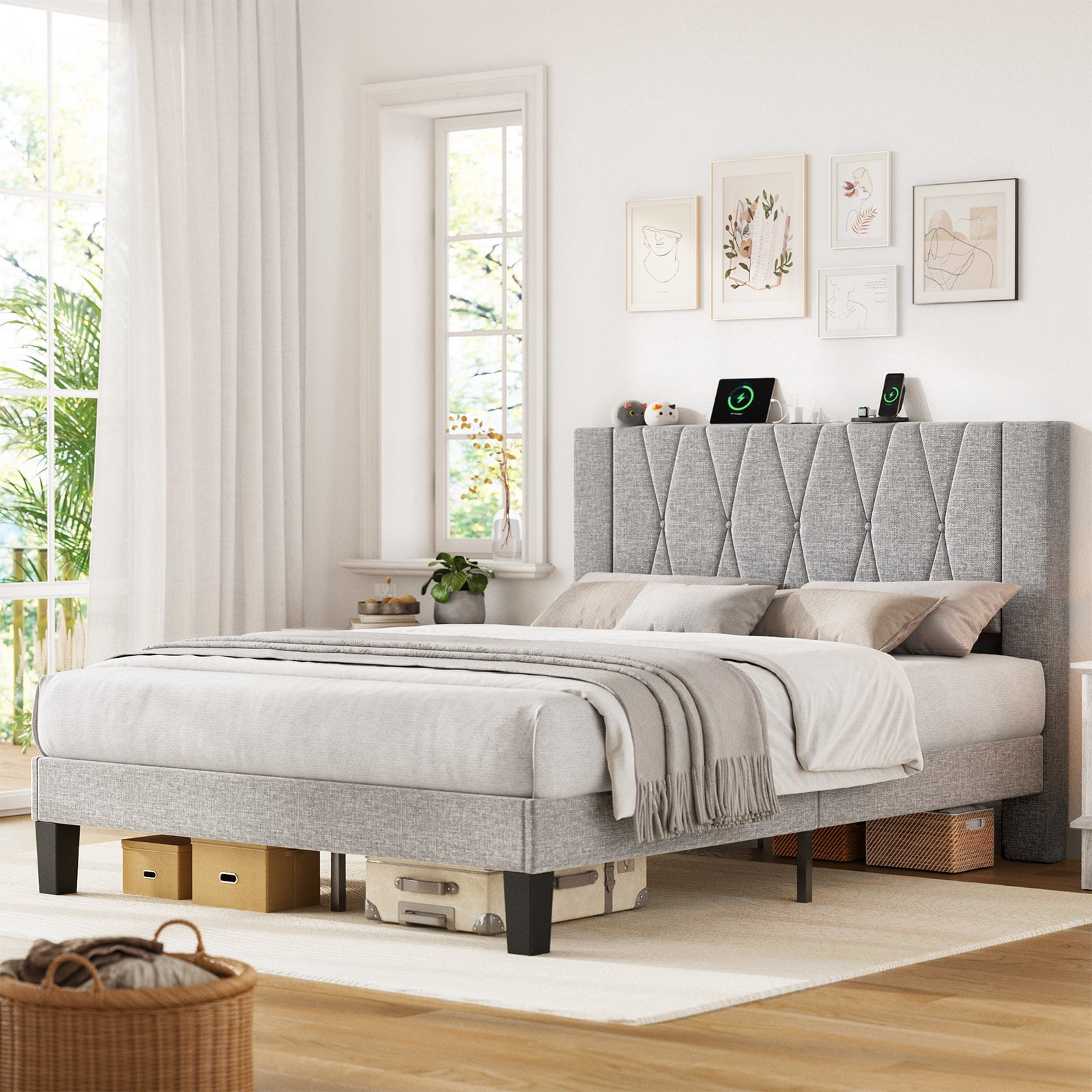 Full Bed Frame with Headboard, Heavy-Duty Linen Upholstered Platform ...