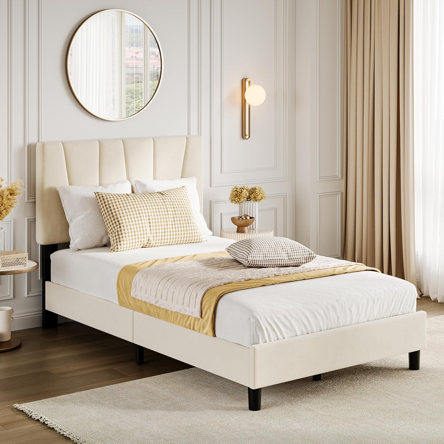 Full Bed Frame with Headboard Linen Upholstered Platform Bed with ...