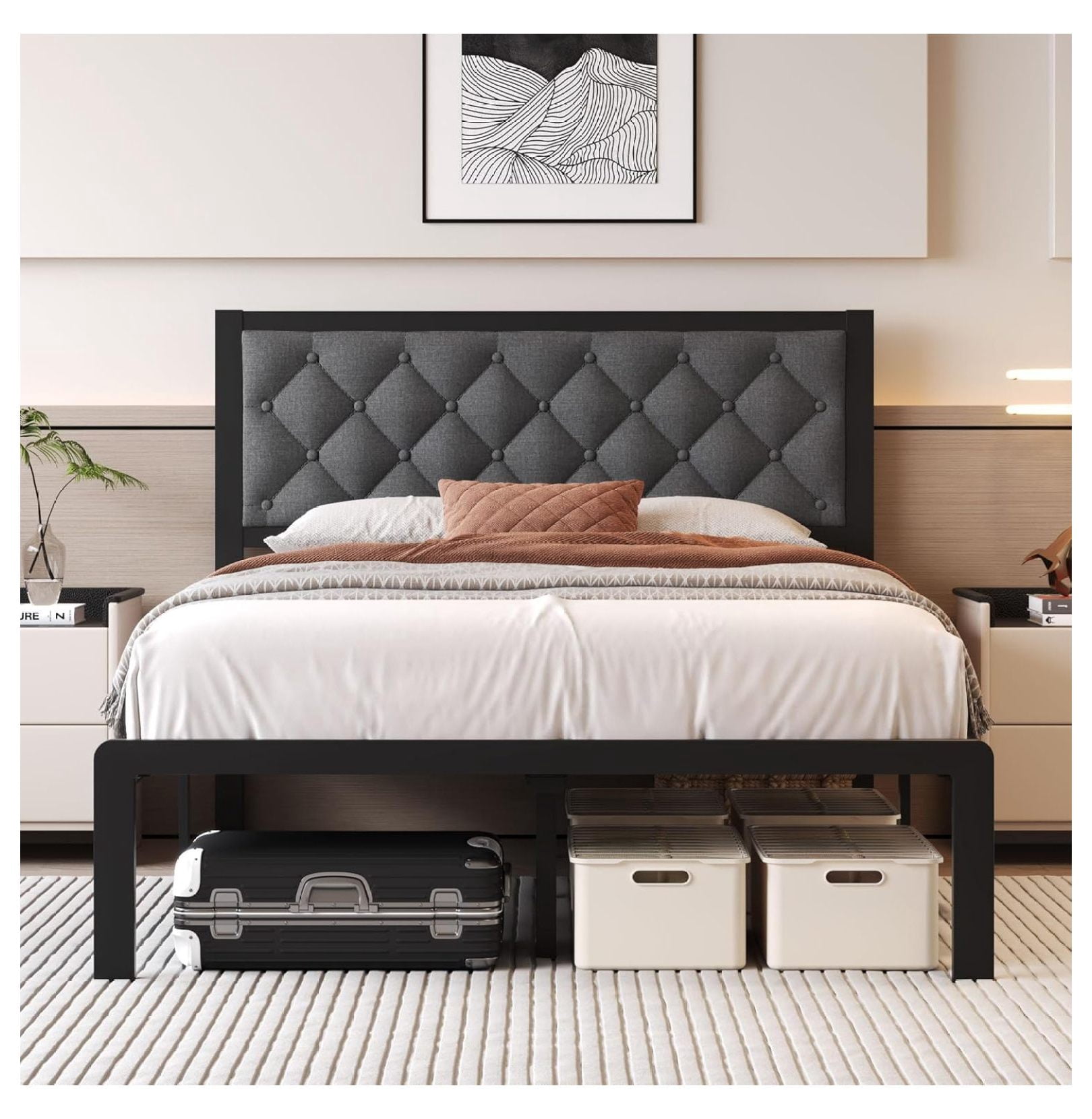 Full Bed Frame with Headboard PU Leather Upholstered Bed Frame Platform ...