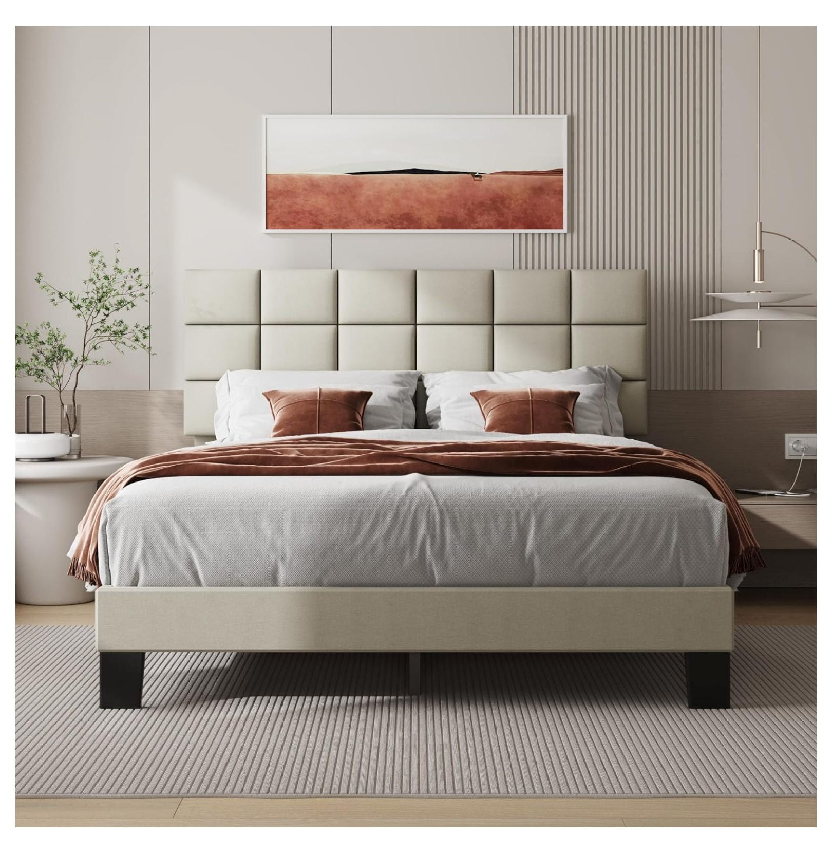 Full Bed Frame with Headboard Upholstered Bed Frame with Linen Tufted ...