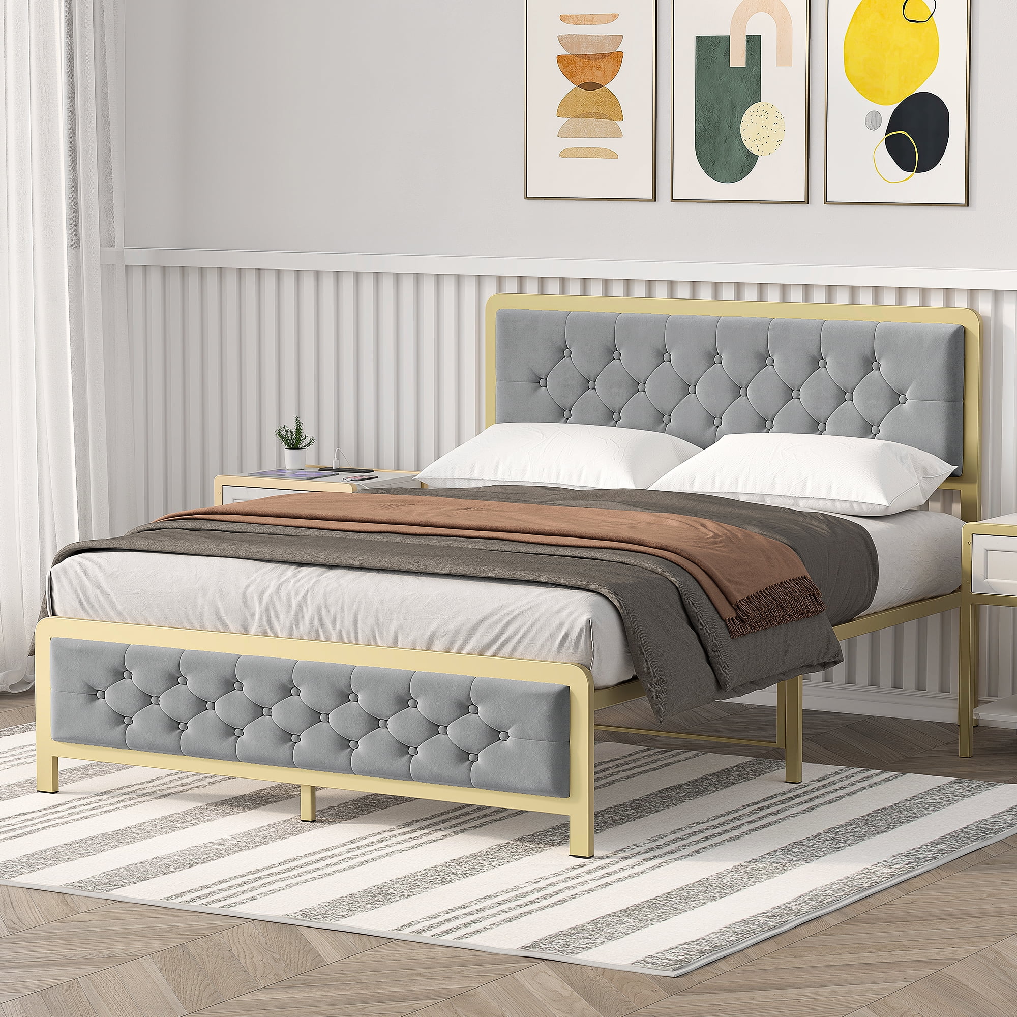 Full Bed Frame with Headboard, Upholstered Bed Frame Full Size with ...