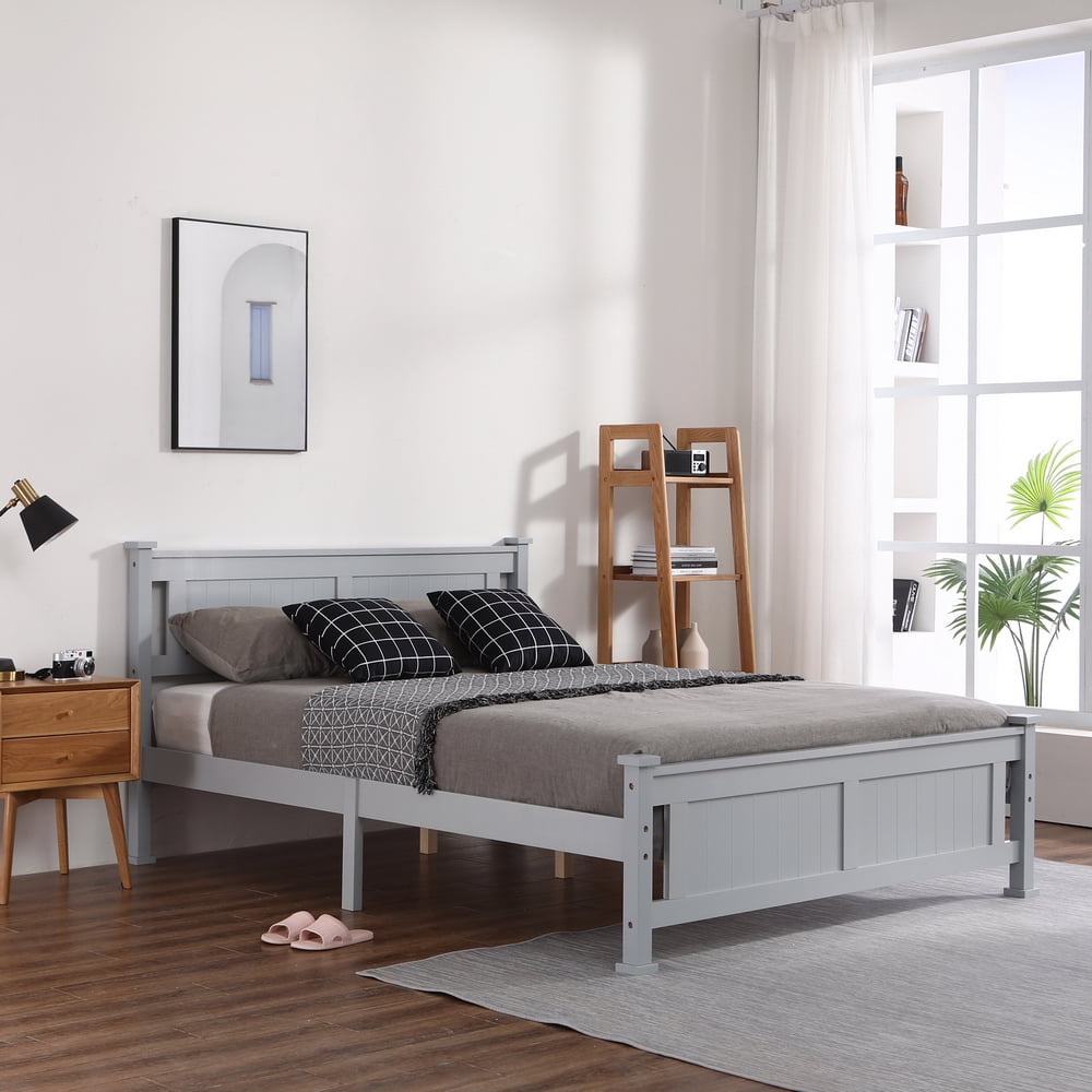 Full Bed Frame with Headboard, YOFE Gray Full Size Platform Bed Frame w ...
