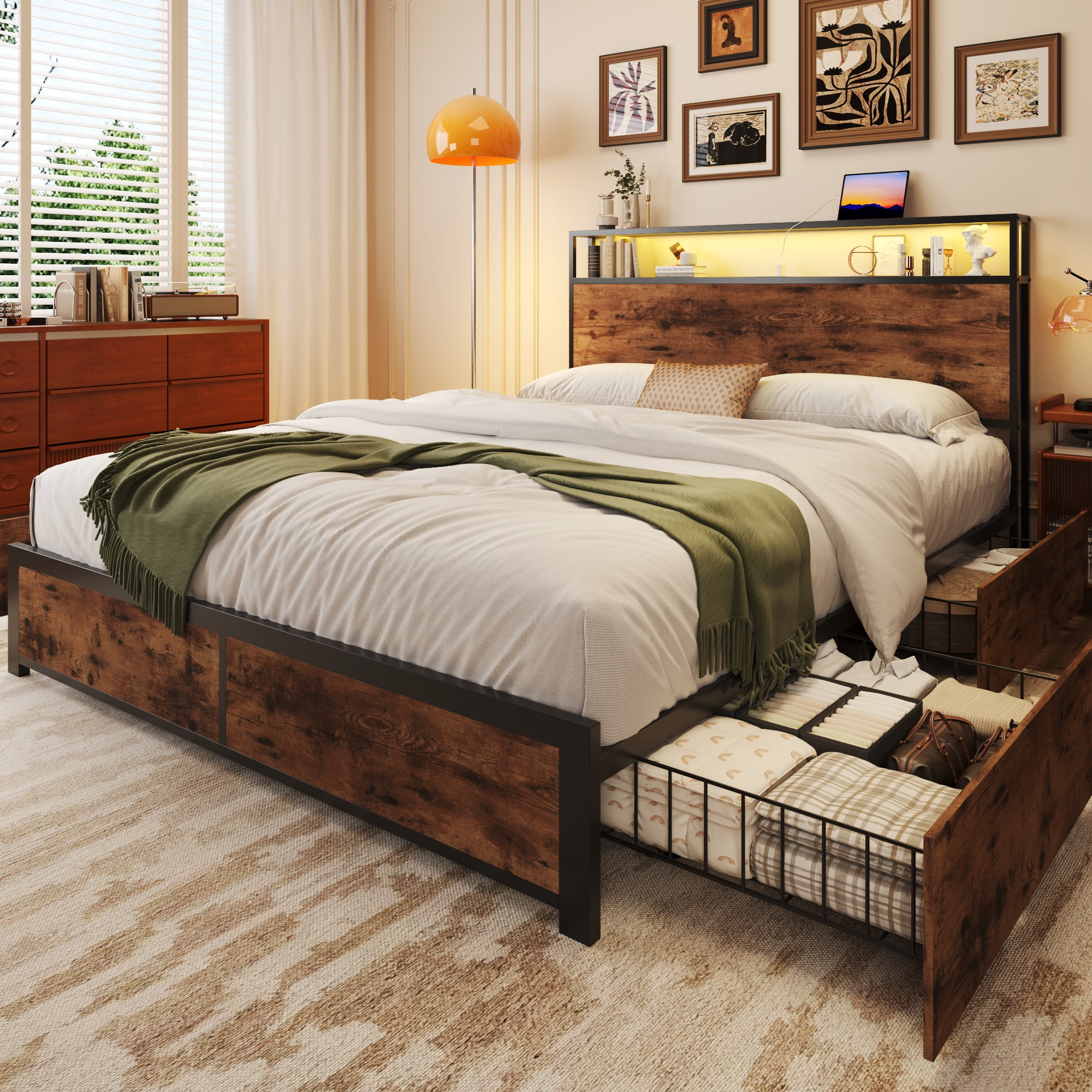 Full Bed Frame, Hisoft Full Metal Platform Bed Frame with 2-Tier Headboard, Built in Charging ...