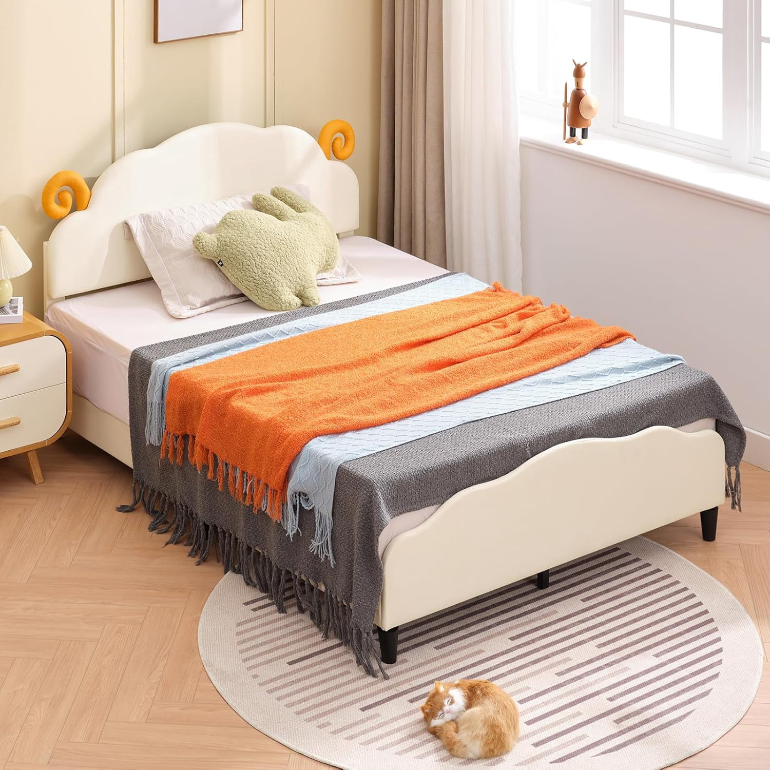 Full Bed Frame for Kid, Kids Bed with Sheep Shape Upholstered Headboard ...