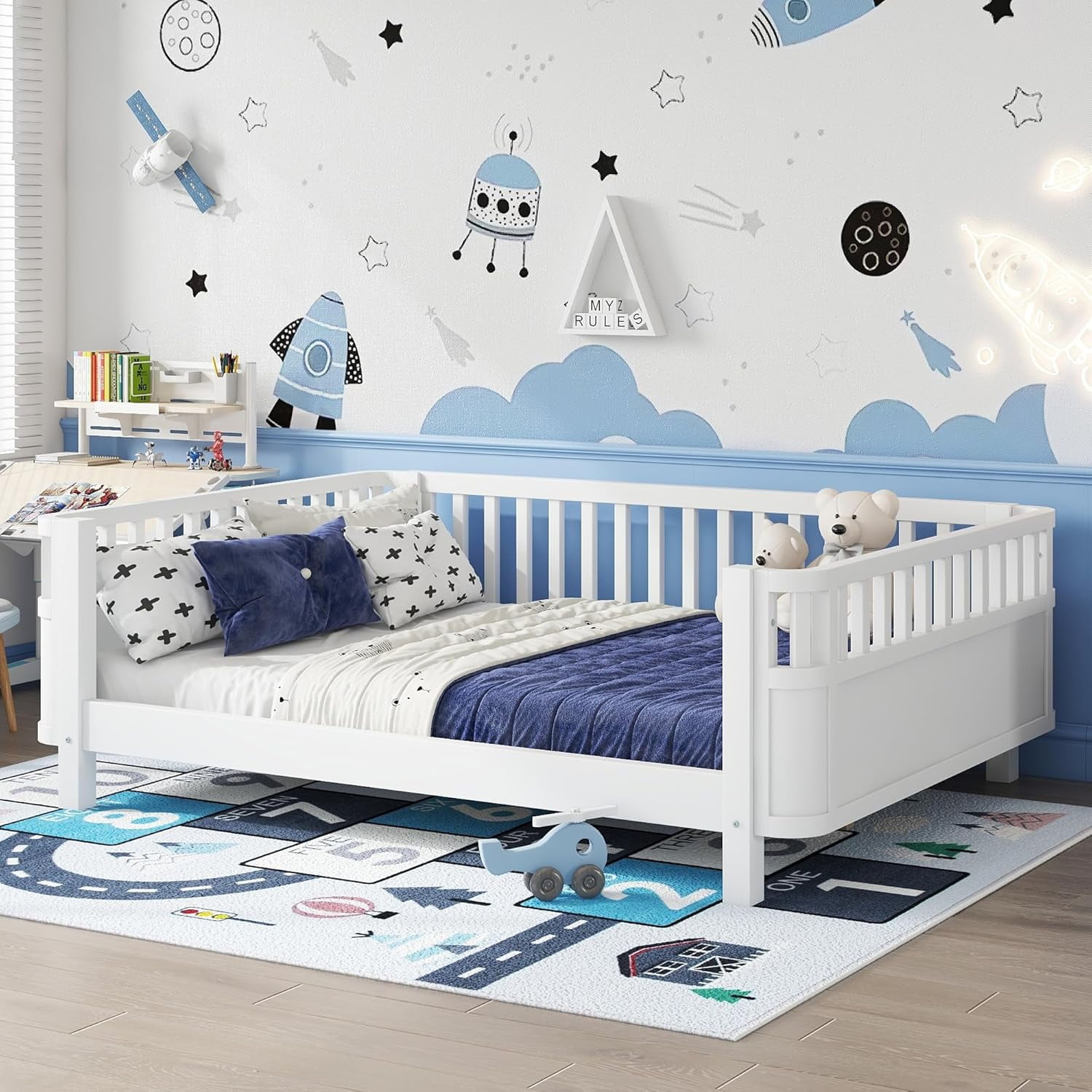 Full Bed Frame for Kids Bed with Rails, Low Montessori Bed with Slats ...