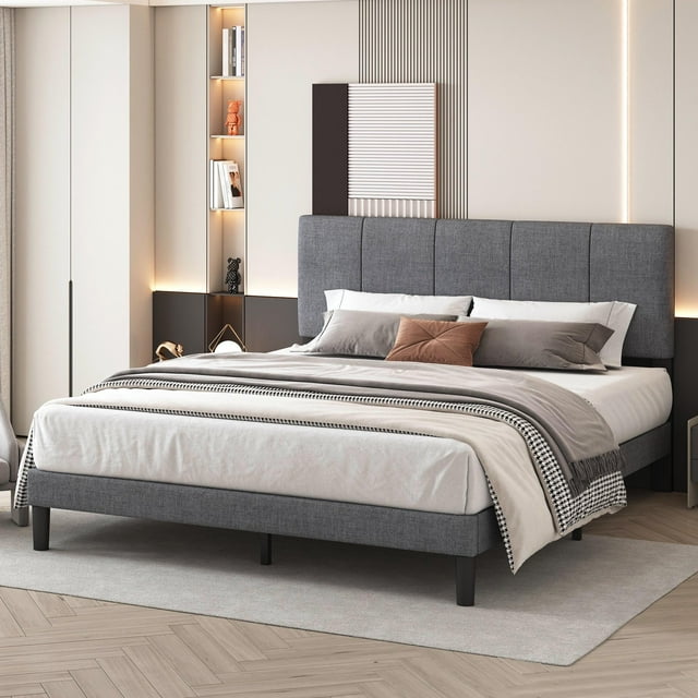 Legahome Full Size Bed Frame, Gray Upholstered Platform with Headboard ...