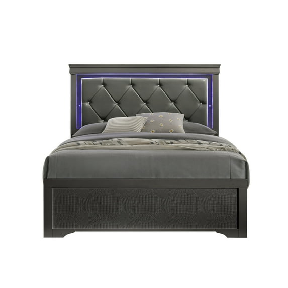 Full Bed Frame, Modern, Metallic Gray | Solid Wood Base, LED Headboard ...