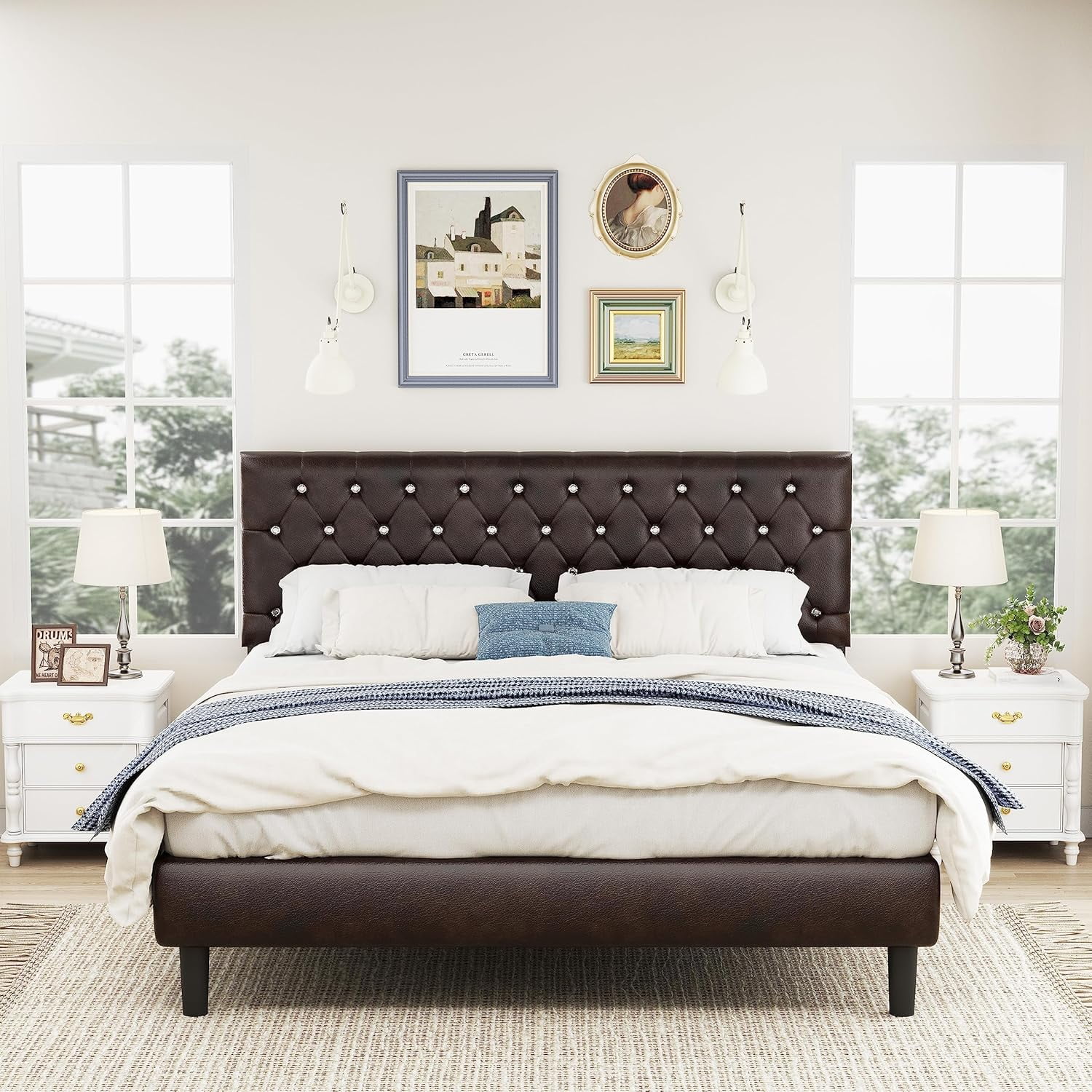 Full Bed Frame Modern: Minimalist With Diamond Headboard- Upholstered ...