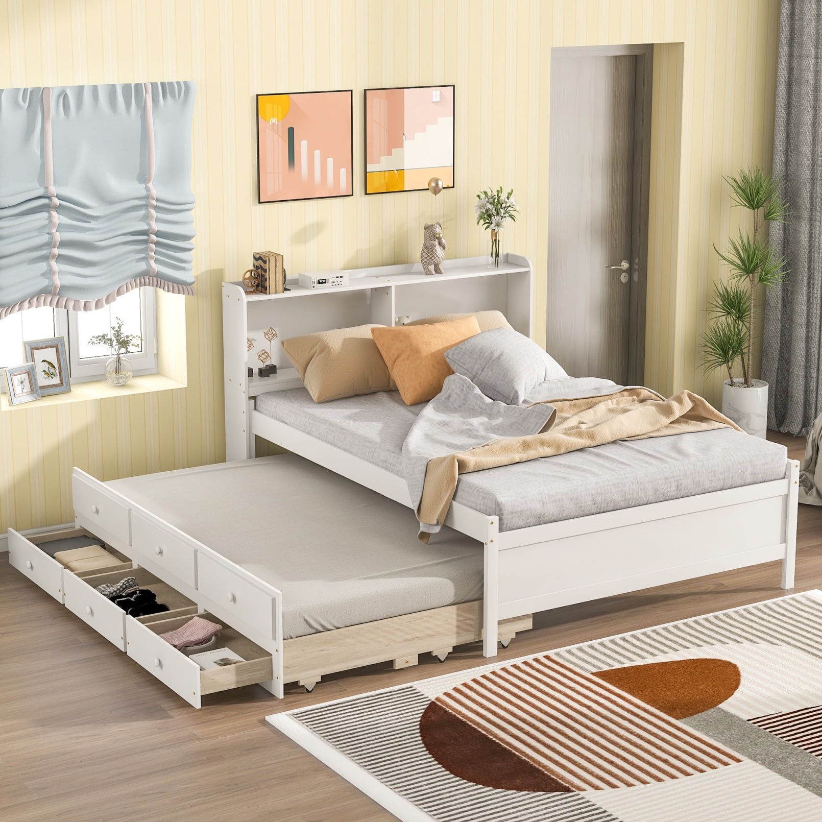 Full Bed Frame, Platform Bed Frame with Trundle & Drawers & Bookshelf ...
