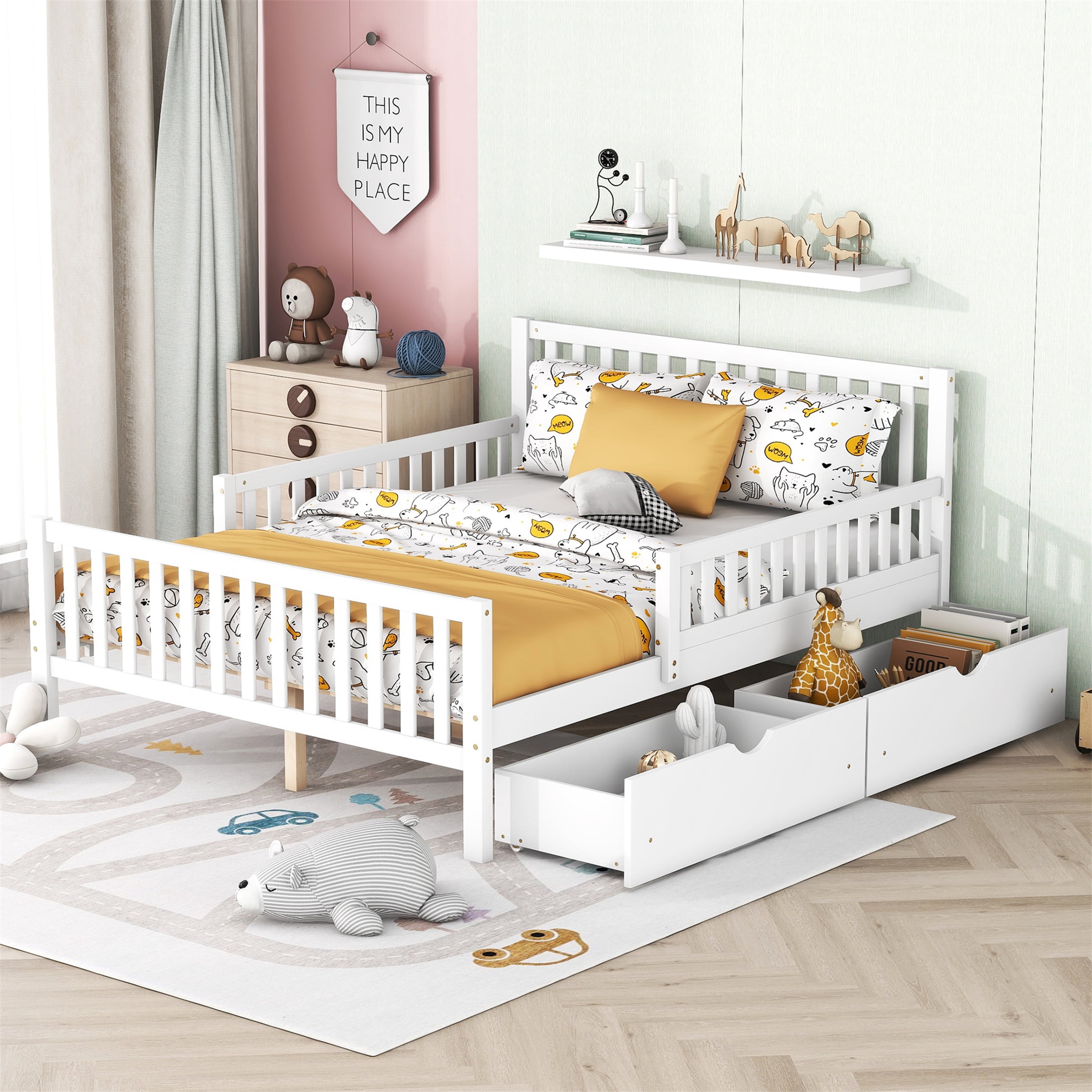 Full Bed Frame with Storage Drawers and Safety Guardrails on Both Sides ...