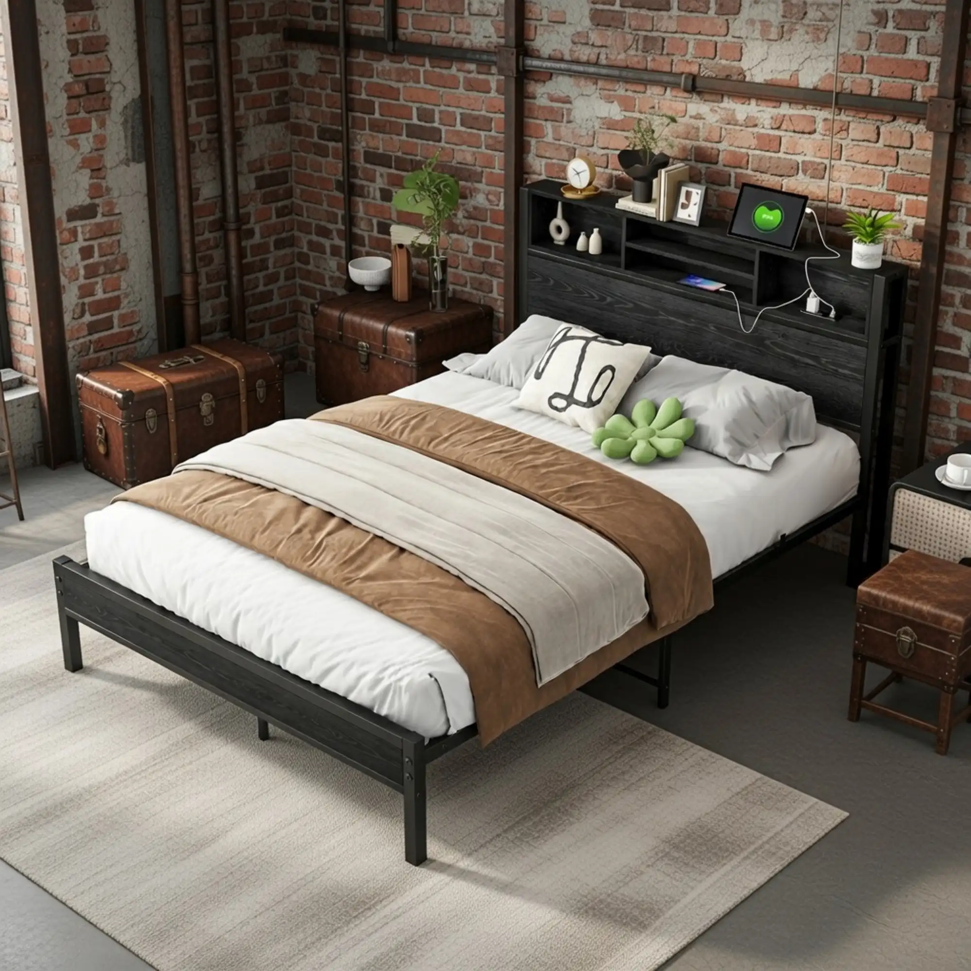 Full Bed Frame with Storage Headboard & Charging Station, USB Platform ...