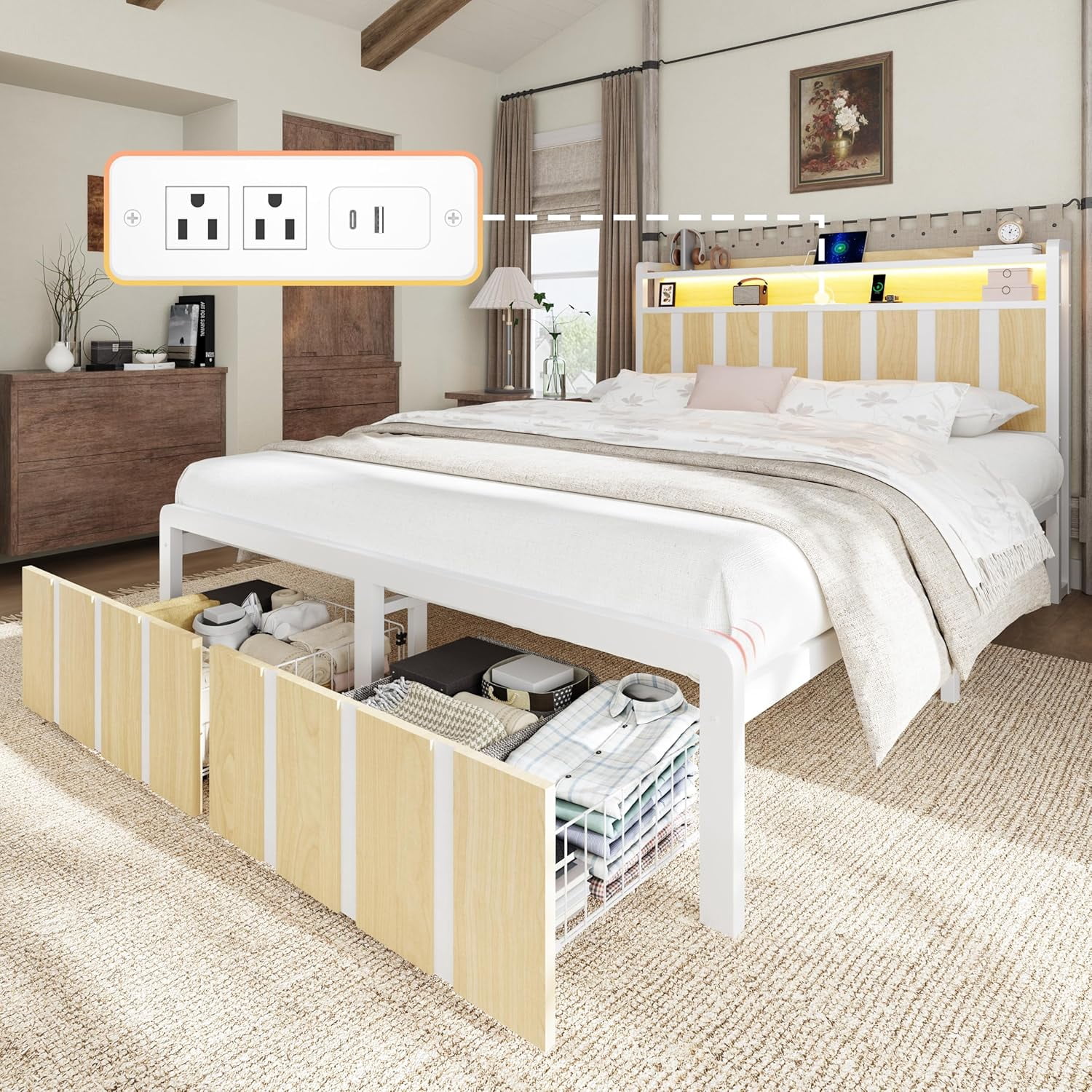 Full Bed Frame with Storage Headboard & Dual Built-in Storage Drawers ...
