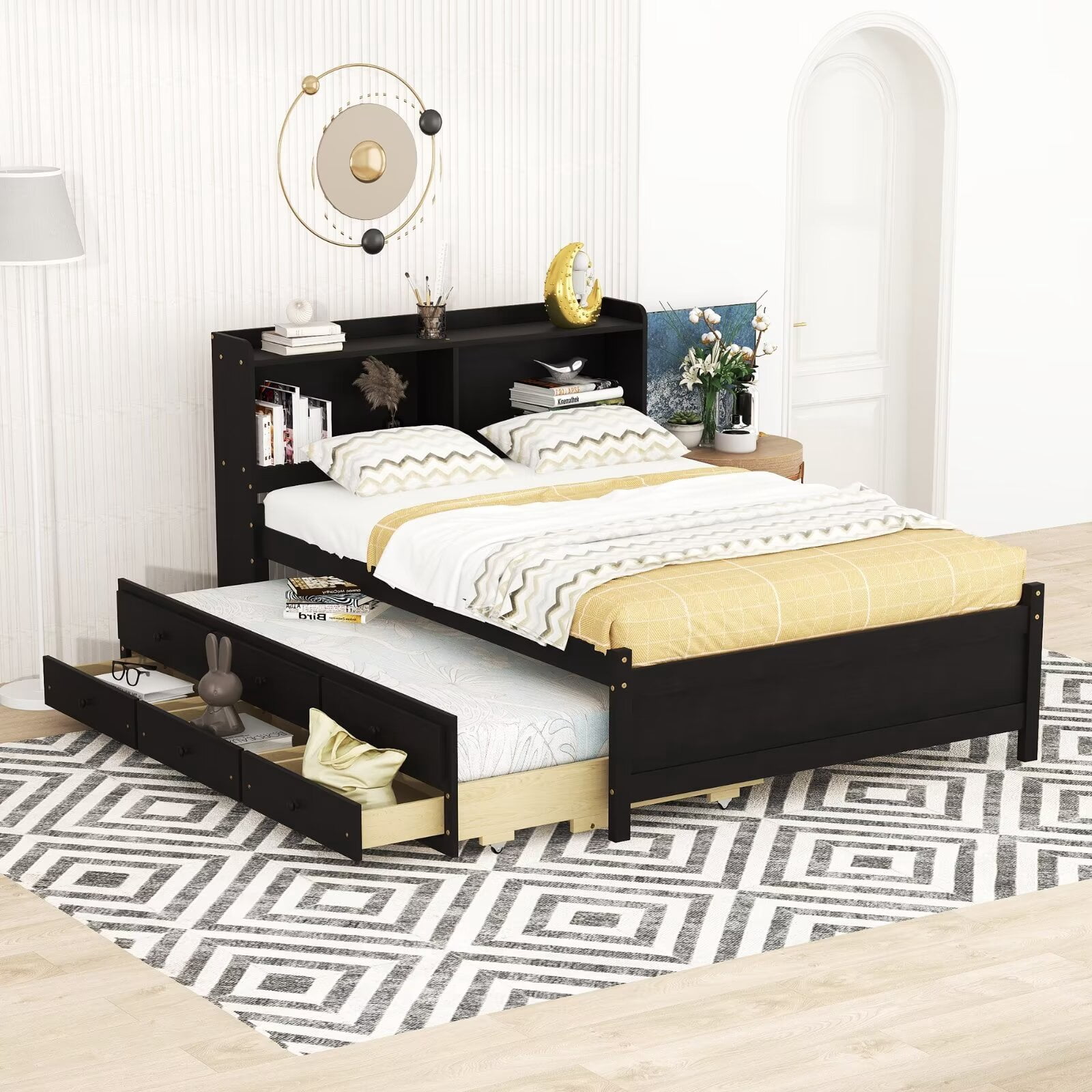 Full Bed Frame with Trundle and 3 Drawer, Solid Wood Platform Bed with ...